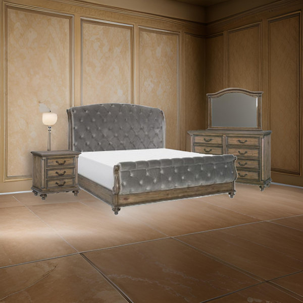 Benjara Chantel 4 Pc Queen Bedroom Set, Velvet Sleigh Design, Weathered Wood | Wayfair